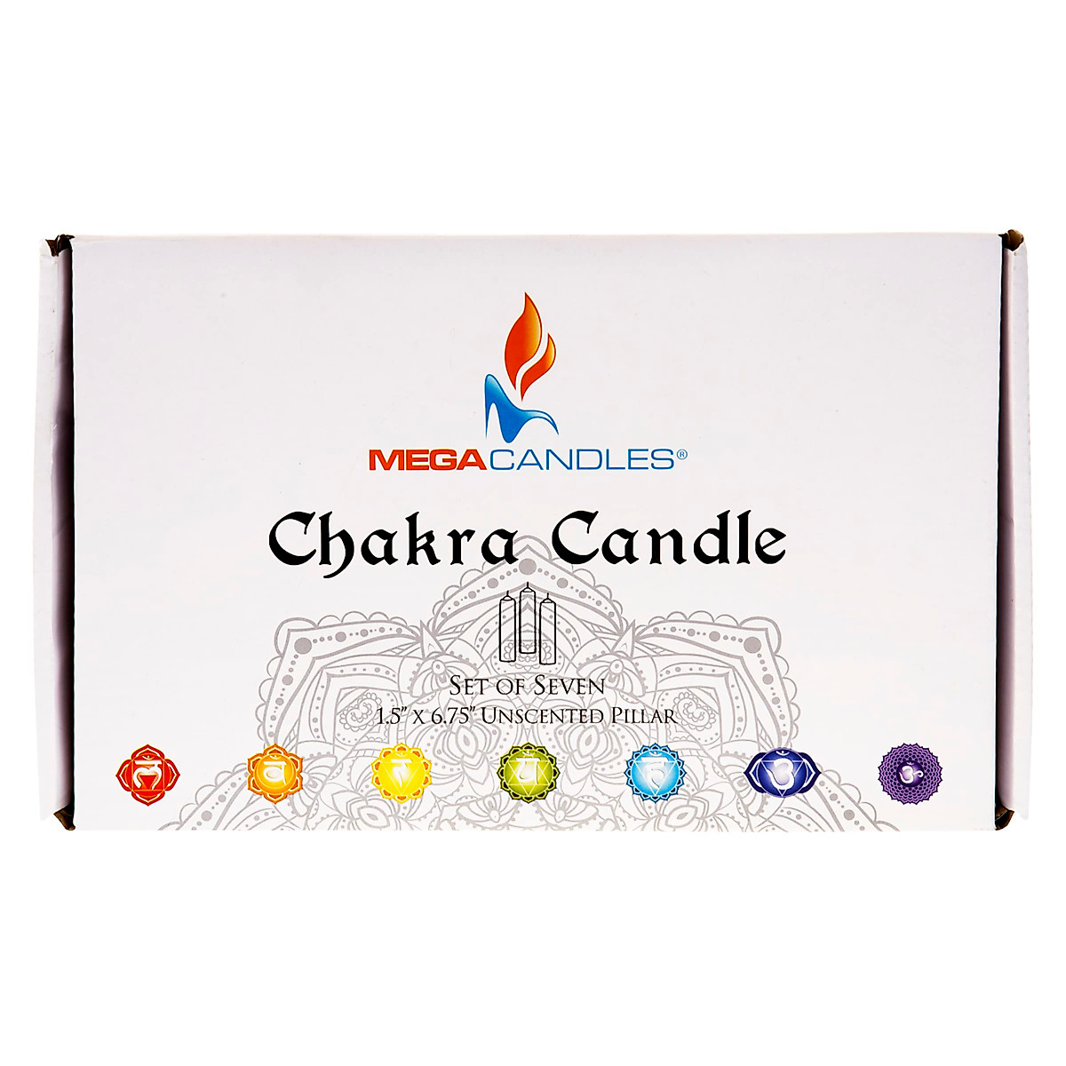 Mega Candles 7 pcs Unscented Chakra Bell Top Pillar Candle, Hand Poured Premium Wax Candles 1.5 Inch x 6.75 Inch, Cotton Wick, Promotes Positive Energy, Aids Meditation & Relaxation