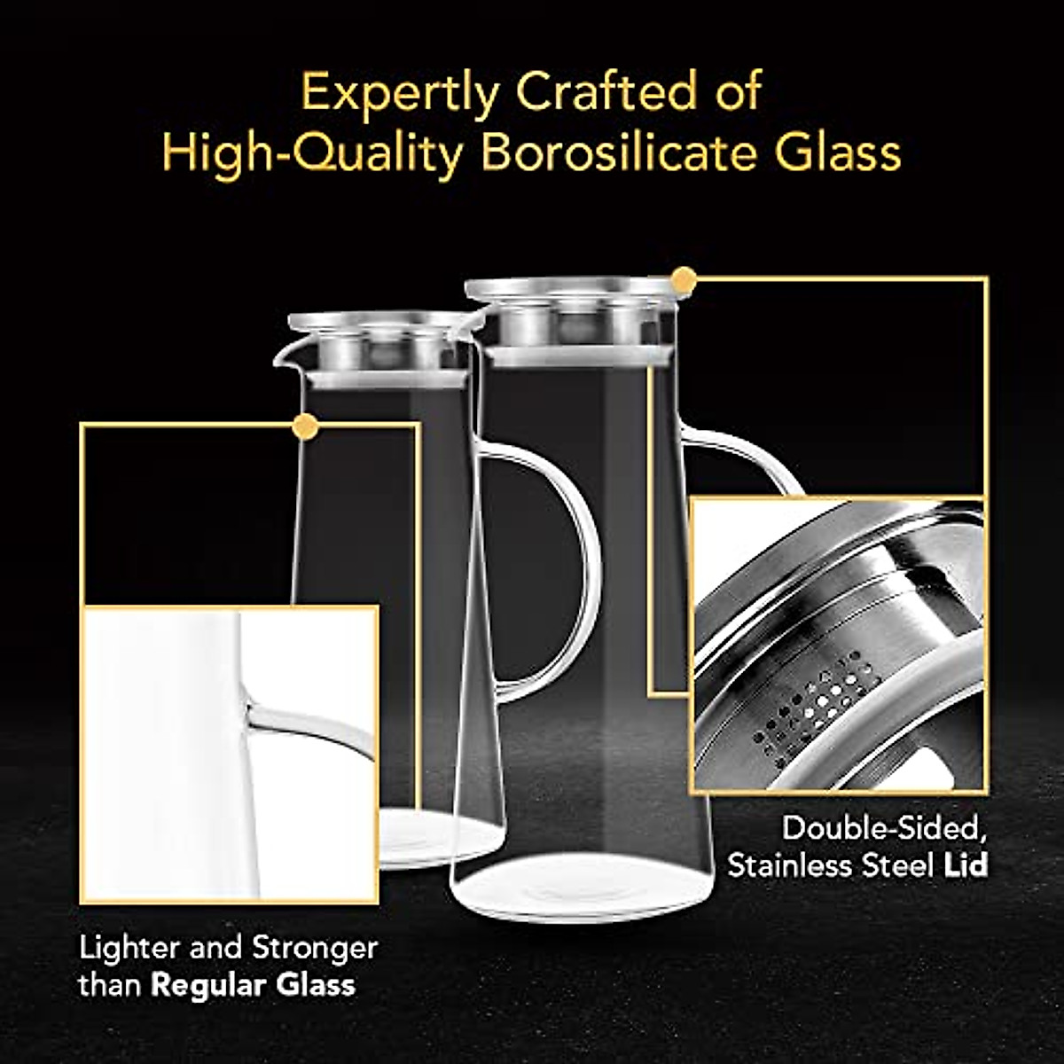 Richro Glass Pitcher With Lid and Spout Set of 2 - Heat Resistant Glass Carafe Pitcher With Stainless Steel Lid 50 oz Good For Coffee Juice Beverage Pitcher For Juice and Iced Tea Pitcher Water Carafe