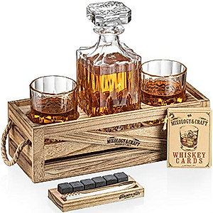 Whiskey Stones Gift Set for Men | Whiskey Decanter with Glasses Set and Wood Stand, 6 Granite Whiskey Chilling Stones and 10oz Whiskey Glasses | Whiskey Decanter Set For Men, Dad, Husband, Boyfriend