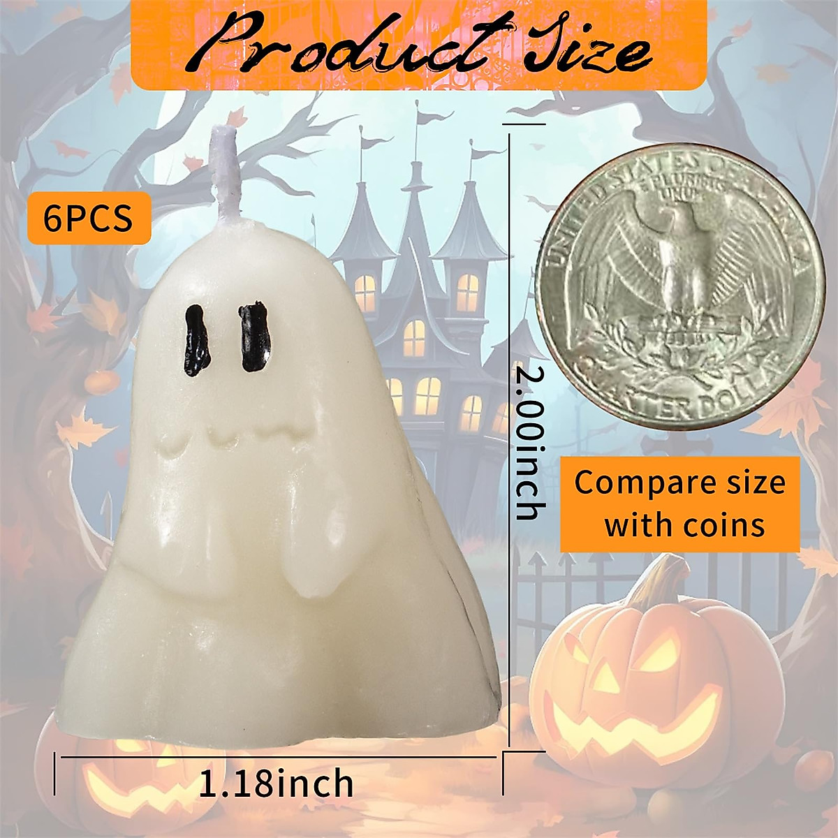 Asbondy 6 Pcs Halloween Ghost Candles, Cute Ghost Decorative Candle Set, Burning Candles, White Soy Wax Horror Candles for Halloween Party and Table Decorations