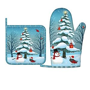 Oven Mitts Pot Holders Sets Christmas Snowman Birds Silicone Oven Gloves Winter Tree Kitchen Accessories for Baking Cooking Grilling