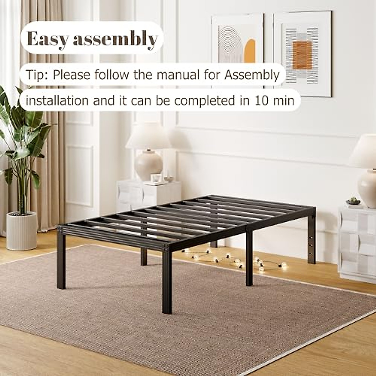 ZIYOO Twin XL Bed Frames with Heavy Duty Steel Slat, 14 Inches Platform Bed Frame, Non-Slip Design, No Box Spring Needed, Easy Assembly, Quiet Noise Free, Under Bed Storage Space, Black
