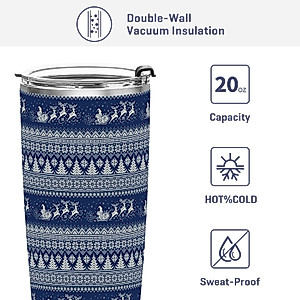 Jihqo Christmas Bohemian Pattern Tumbler with Lid and Straw, Insulated Stainless Steel Tumbler Cup, Double Walled Travel Coffee Mug Thermal Vacuum Cups for Hot & Cold Drinks 20oz