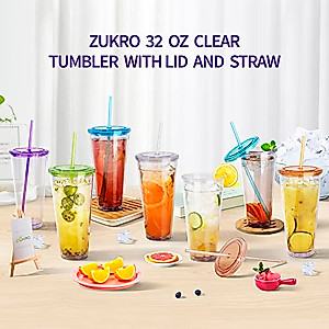 Zukro Acrylic Tumbler with Straw and Lid 32 oz, Double Walled Clear Plastic Straw Cup,Reusable Insulated Cup Perfect for Parties, Birthdays, Customization, Clear,2 Pack,