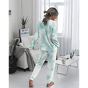 PRETTYGARDEN Women's Tie Dye Two Piece Pajamas Set Casual Long Sleeve Sweatshirt with Long Pants Loungewear (Green,X-Large)