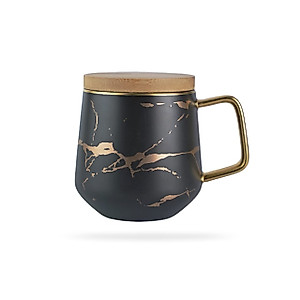 Classic Ceramic Kintsugi Style Black Coffee Tea Mug with Gold Inlay, Spoon and Bamboo Lid- 12 OZ, Large Mugs for Men and Women, Unique Design, Perfect Novelty Gift- Dishwasher Safe