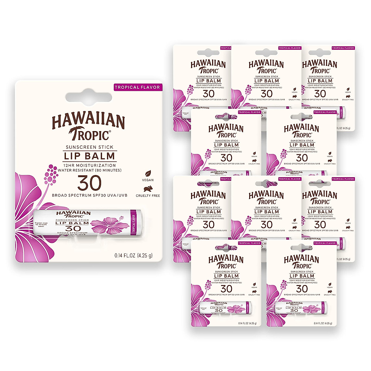 Hawaiian Tropic Tropical Lip Balm SPF 30 | Lip Balm for Stocking Stuffers for Adults, Christmas Gifts, Lip Sunscreen, Lip SPF 30, Lip Sunblock, Travel Sunscreen, Mini Sunscreen, 0.14oz (Pack of 10)