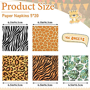 100 PIECES Jungle Safari Animal Print Party Disposable Napkins Animal Print Paper Napkins Safari Napkins Jungle Safari Themed Party Napkins for Baby Shower Party Birthday Party, 5 Styles
