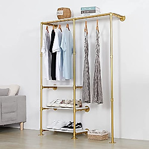 WJJAYY Wall Mounted Industrial Pipe Clothing Rack Wood Garment Rack Hanging Clothes Rack Multi-purpose Heavy Duty Hanging Rod,Steampunk Clothes Rack Retail (64 x49 inch,Gold)