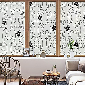 DUOFIRE Privacy Window Film Natural Frosted and Black Flower Static Cling Glass Film