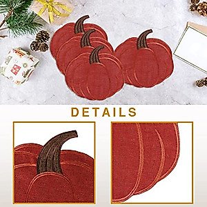 OWENIE Fall Placemats Set of 4, Embroidered Harvest Pumpkins Placemats, Thanksgiving Placemats for Autumn Decorations, Boho Farmhouse Table Mats, Halloween Doilies, Red, 15 Inch Diecut