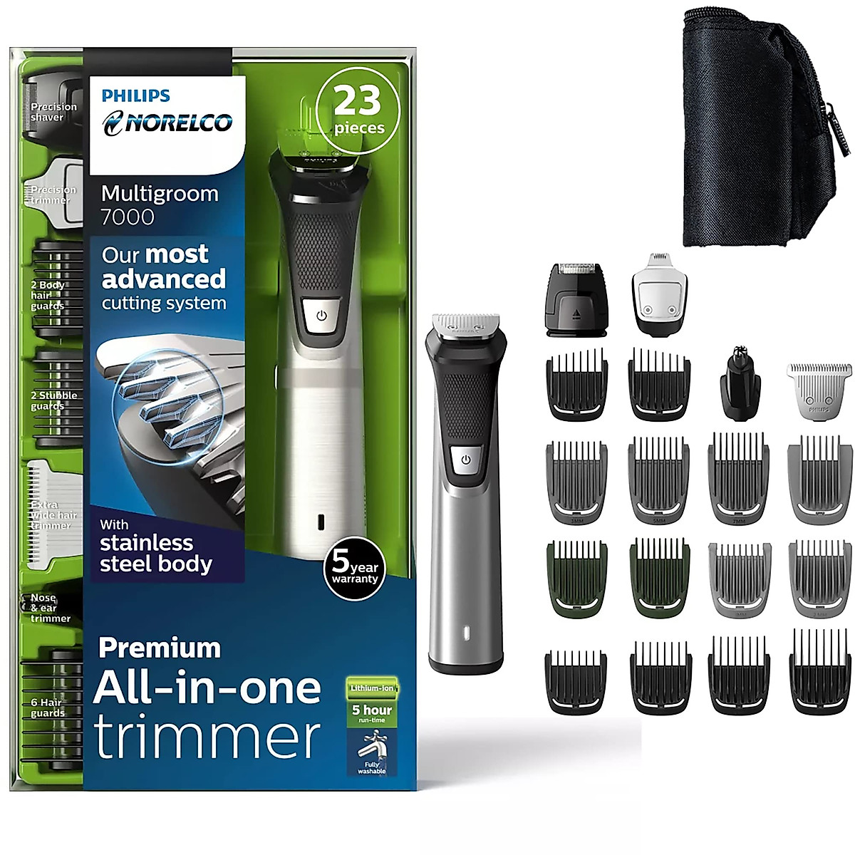 Philips Norelco Multigroomer All-in-One Trimmer Series, 23 Pieces Mens Grooming Kit for Trim and Style Your Face, Head and Body, Max Precision with 2X More Blades - Broage Storage Bag