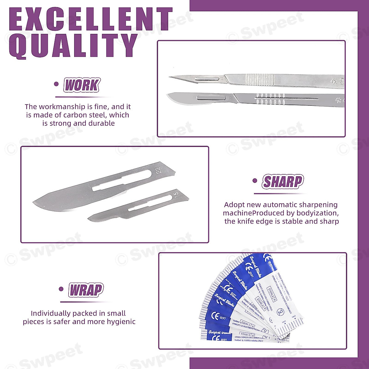 Swpeet 77Pcs 9 Styles #10#11#12#15#20#21#22#23#24 Scalpel Blades Surgical Grade Blades with #3#4 Scalpel Knife Handle Assortment Kit,Biology Lab Knives for Biology Lab Anatomy, Cutting