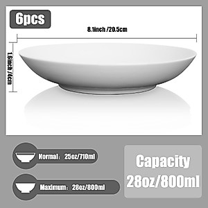 ALLUSEIT Pasta Bowls, 6pcs/40oz Bone Porcelain Bowls Set for Soup and Salad, White Ceramic Serving Bowls and Plate for Kitchen, Wide & Shallow, Microwave & Dishwasher Safe, Φ9inch