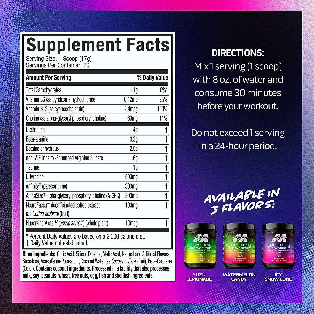 MuscleTech Pre Workout Powder EuphoriQ PreWorkout Smart Pre Workout Powder for Men & Women Caffeine Metabolite Fueled with Paraxanthine ICY Snow Cone (20 Servings)
