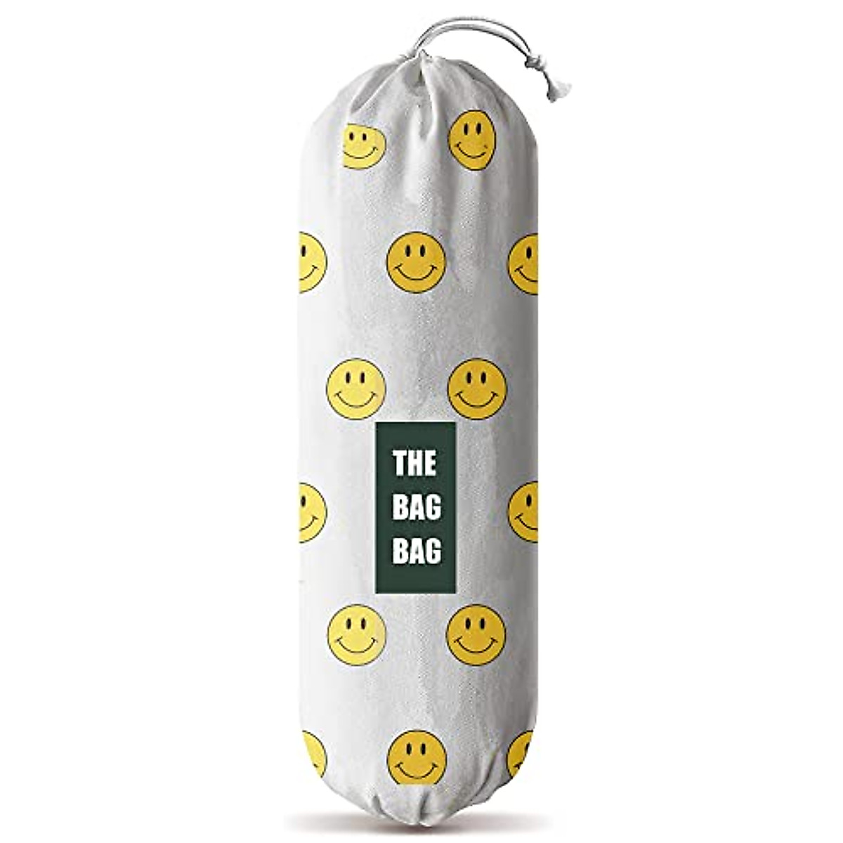 DINGWEN Funny Smiling Face Pattern Grocery Bag Storage Holder, Wall Mount Free Adjustment with Drawstring, Washable Canvas Plastic Organizer, Dispenser ​for Home Kitchen, 23x9 inch