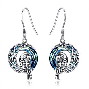 Crystal Raven Earrings Sterling Silver Crow Viking Odin Bird Drop Earrings Blue Crystal Raven on Moon Jewelry Gifts for Women