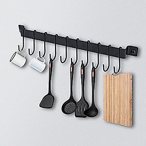 Utensil Holder, Kitchen Rail with 10 Hooks, Kitchen Pots Pans Organizer Hanger, Wall Mounted Wrought Iron Hanging Utensil Holder Rack with Black 17 Inch for Coffee Mug Rack Cup Hanging Kitchen Black, Set of 2