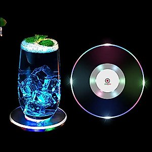 6 PCS LED Coasters for Drinks, Ultra-Thin LED Coaster Light Up Coaster, Acrylic Non-Slip Waterproof Transparent LED Cocktail Coaster w/ 6 PCS Extra Batteries for Club Bar Wedding Party Decor (Color)