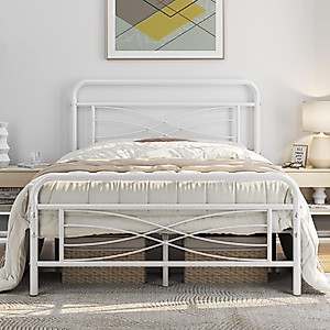 Yaheetech Queen Metal Bed Frame with Criss-Cross Design, Ample Underbed Storage Space, Heavy Duty Slat Support, No Box Spring Needed, White