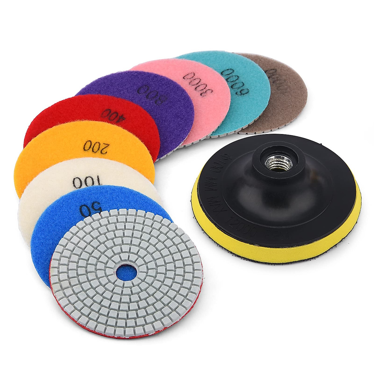 16Packs Diamond Polishing Pads Set, 4inch Dry/Wet Polish Pad Kit , 50#-10000# Grit Pads with Back Holder, for Drill Grinder Polisher, FOR Granite Concrete Countertop Marble Stone(size:16pcs/set)