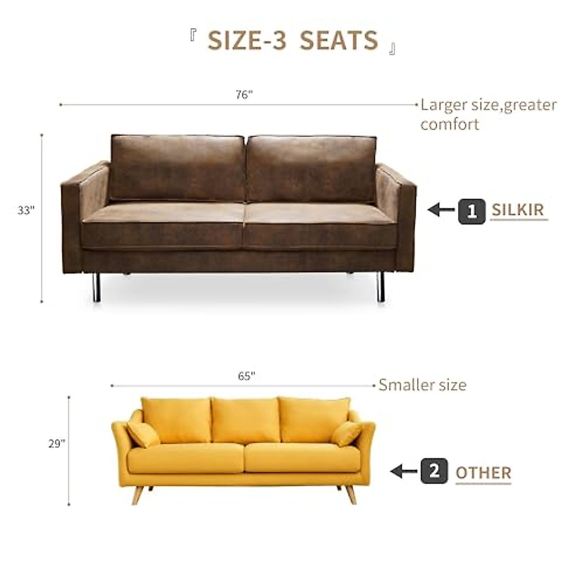 SILKIR 3-Person Sofa Couch for Living Room | Perfect for: Apartment/Studio/Office & Small Space | Leather Fabric | Fast and Easy Assembly | (Brown) Modern Contemporary Mid-Century
