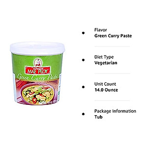 Mae Ploy Green Curry Paste, Authentic Thai Green Curry Paste for Thai Curries & Other Dishes, Aromatic Blend of Herbs, Spices & Shrimp Paste, (14oz Tub) (25469)
