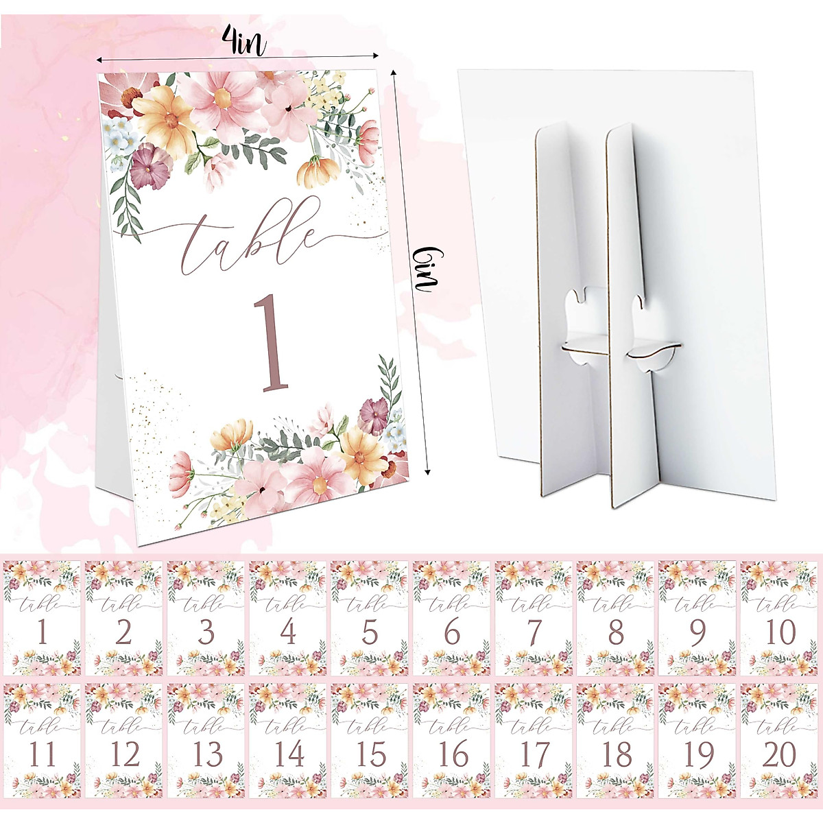 Wedding Table Numbers 1-20, Flower Wedding Decor, 4x6 Standing Sign Self-Standing Table Numbers for Bridal Showers, Baby Showers, Special Event, Reception & Decorations