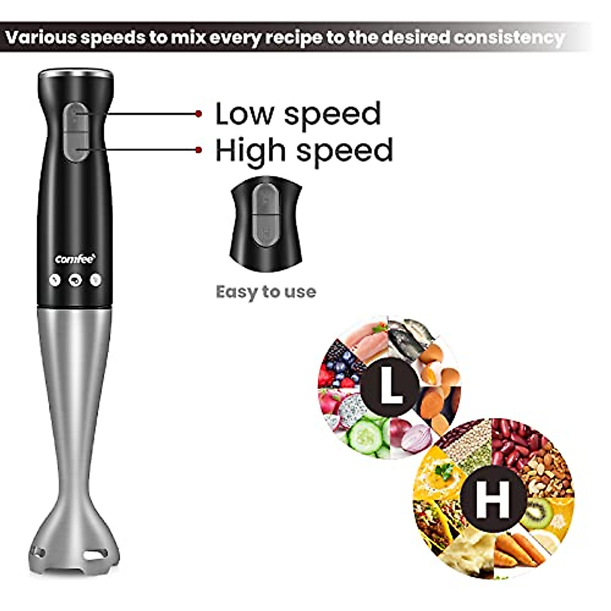 COMFEE' Immersion Hand Blender, Brushed Stainless Steel, 2-Speed, Multipurpose Stick Blender with 200 Watts, 600ml Mixing Beaker and Whisk, Perfect for Baby Food, Smoothies, Sauces and Soups, Black
