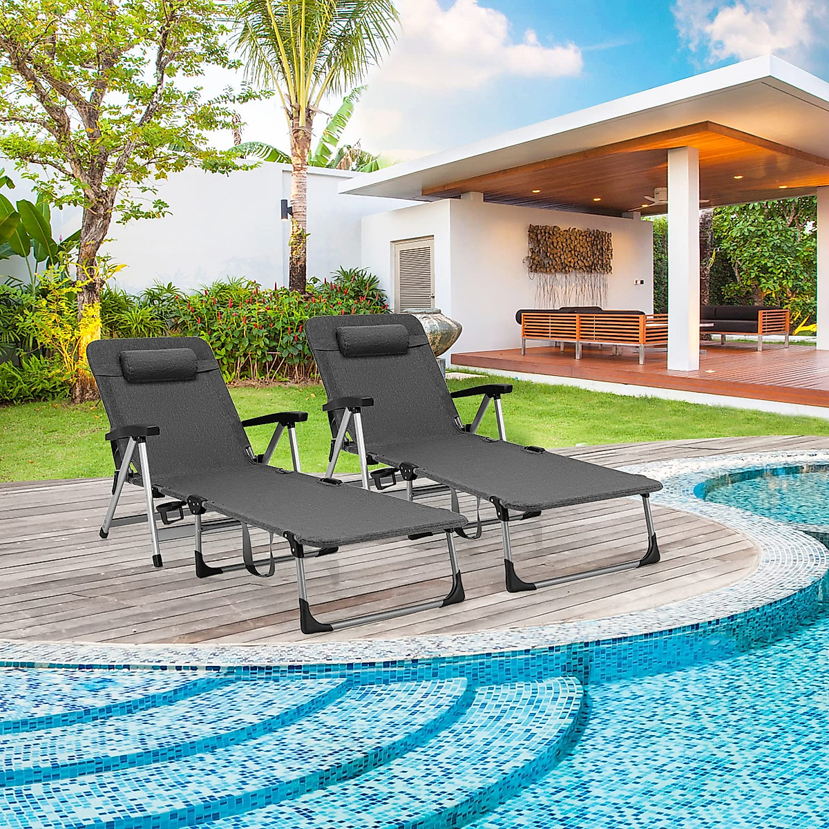 Tangkula Folding Chaise Lounge Chair, Adjustable 7-Position Recliner with Removable Headrest and Cup Holder, Holds 330LBS Weight Capacity, Portable Tri-fold Patio Lounger for Sunbathing (1, Grey)