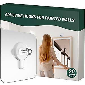 Picture Hangers Without Nails, No Damage Picture Hooks, 20 Counts Adhesive Hooks on Kitchen,Bathroom,Bedroom and Office, 13 lbs Load max