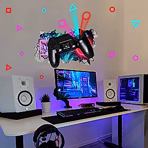 KOKOLAP Game Wall Decals,Gaming Wall Stickers for Teen Boys Room,3D Broken Wall Decals Gamer Controller Sticker Peel and Stick,Video Gaming Wallpaper for Kids Bedroom Playroom Nursery Boys Gift Decor