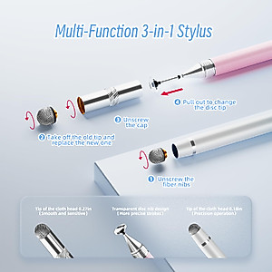 Stylus Pens for Touch Screen (2PCS), High Precision 3-in-1 Fiber Tip Stylus with Disc Stylus for iPad Compatible with iPhone/Android/iPad/Tablets & All Touch Screens (Blue/Pink)