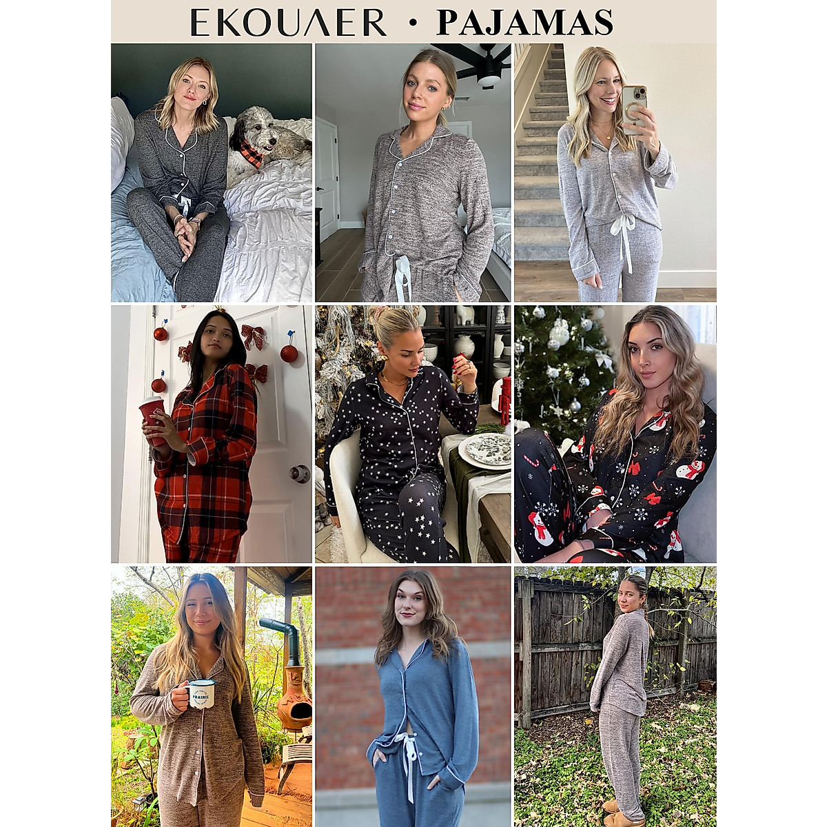 Ekouaer Pyjamas for Women Cute Long Sleeve Sleepwear Elegant Two Piece Button Down Loungewear Pjs Set Ladies Pajama Party Light Grey Khaki,Medium