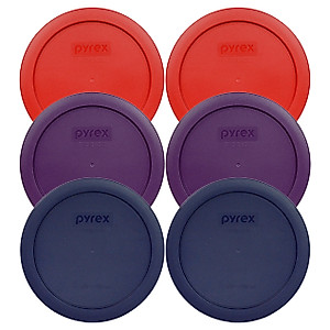 Pyrex 7201-PC (2) Poppy Red, (2) Purple, & (2) Blue Round 4 Cup Plastic Storage Lids, Made in USA