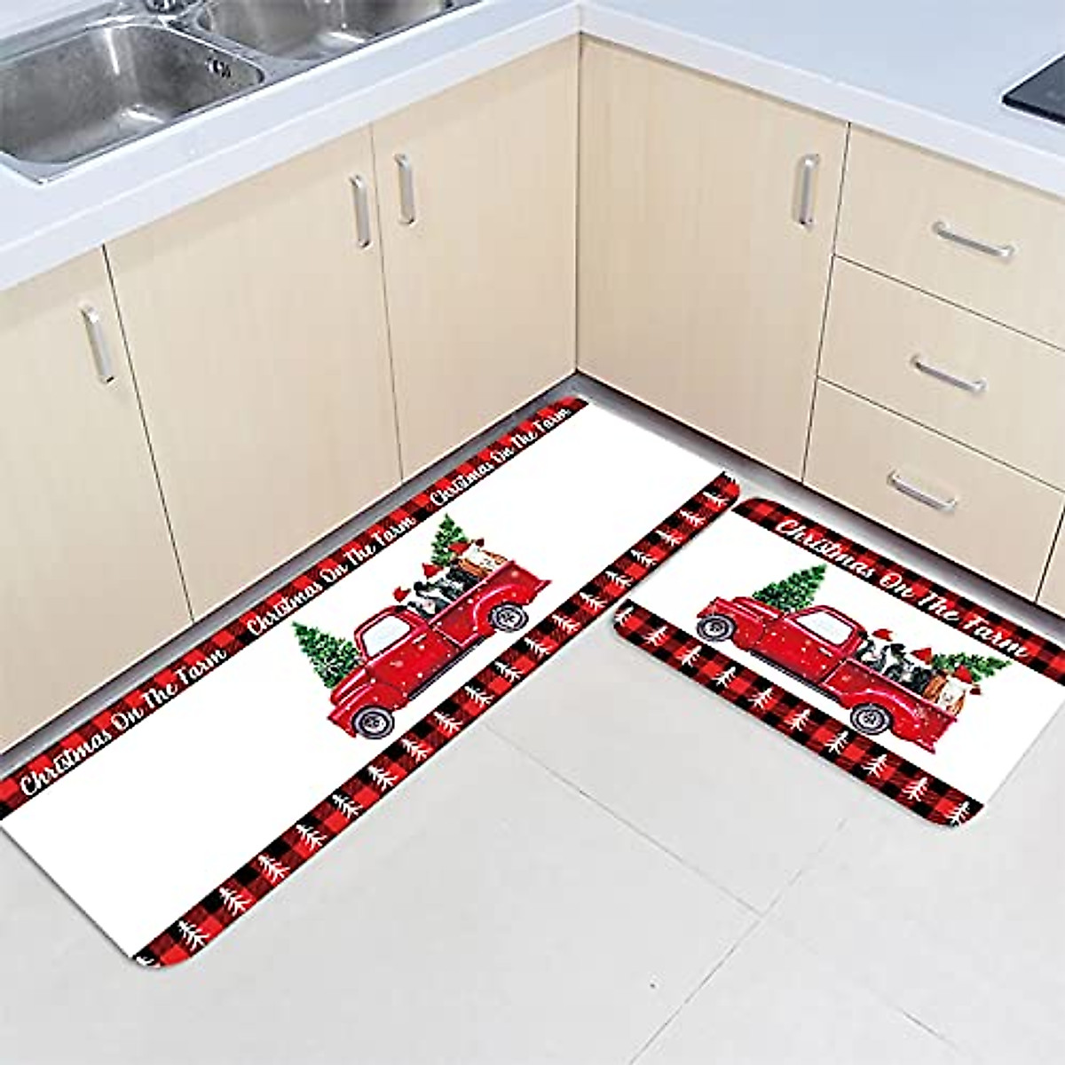 ArneCase Kitchen Mat Set of 2 Ultra Soft Felt Rugs,Christmas on The Farm A Red Truck Carrying Cows and Pine Trees Anti Fatigue Kitchen Rugs Memory Foam Carpets for Home,Sink,Laundry