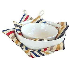 CUSHYSTORE 2 Bowl Cozies Canvas Holders Heat and Cold Resistant Anti-Scalding Protector 8.5" Large 7.5" Small (Retro Stripe)