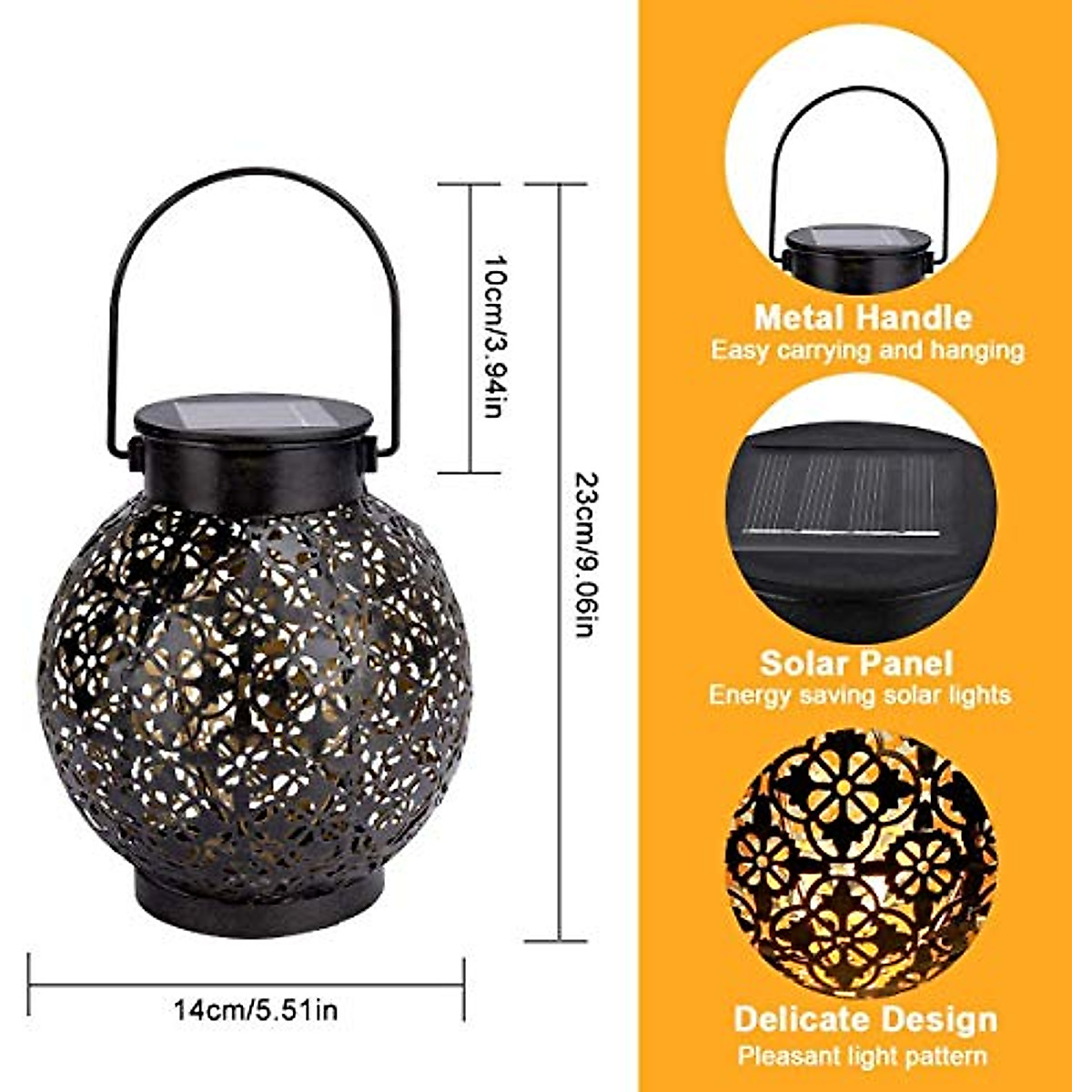 Tencoz Solar Lantern, Outdoor Waterproof Garden LED Solar Light, Decorative Metal Hanging Solar Powered Lantern for Garden, Patio, Yard and Table