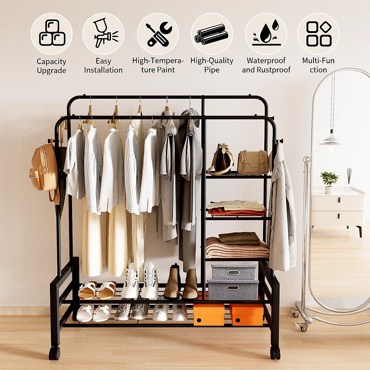 S&R PLKOP Double Rods Mobile Clothing Rack Heavy Duty Garment Rack for Hanging Clothes, 4 Side Hooks, Black, Clothes Racks for Hanging Clothes Multifunctional Bedroom Storage