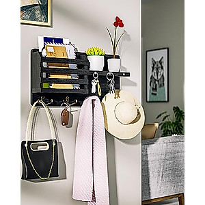 SWTYMIKI Mail Holder for Wall with Magnet Hanging, Rustic Wooden Key Holder with Key Hooks Wall Mounted Key Hanger Organizer for Entryway, Mudroom, Hallway, Living Room and Office, Black