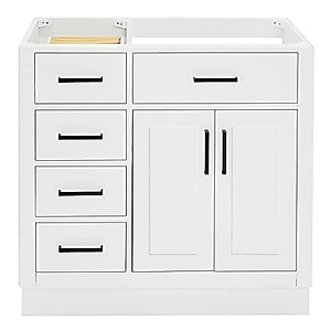 ARIEL Hepburn Bathroom Vanity Base Cabinet 36" White, Right Offset Sink Configuration, 2 Soft Closing Doors, 5 Full Extension Dovetail Drawers, Toe Kick, Matte Black