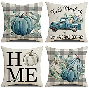 Fall Decorative Pillow Covers 18 x 18 Inch Set of 4, Pumpkins Trucks Plaid Autumn Decor Outdoor Farmhouse Thanksgiving Throw Pillow Cases for Home Couch