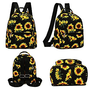 LSNOYRD Sunflower Mini Backpack Purse, Women Teen Girl Teenager 13 Inch Black Floral Flower Cute Kawaii Purse, Medium Size Nylon Small Backpack Bookbag Travel Shoulder Back Pack with Side Pocket