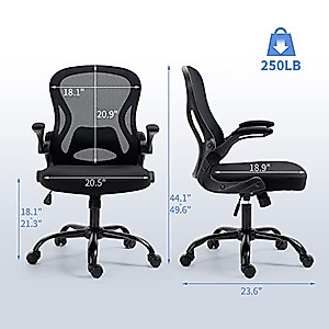 HOMEFUN Desk Chair with Wheels, Black Office Chair, Ergonomic Mesh Rolling Chair with Flip-up Armrests and Lumbar Support, Swivel Task Computer Chair