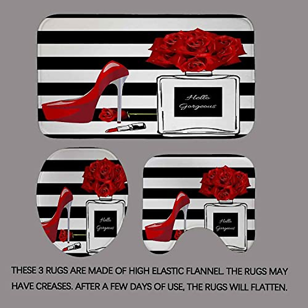 Dia Magico 4PCS Red High Heels Shower Curtain Set, Black White Striped Hello Gorgeous Perfume Lipstick Cosmetic Makeup Rose Flower Romantic Women Bathroom Decor Fabric Shower Curtain Non-slip Bath Mat