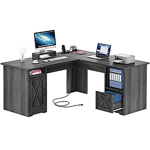 YITAHOME L Shaped Desk with Power Outlets, 60 Inch Computer Desk Corner Desk with File Drawer, Home office Desk with Monitor Stand & Storage Shelves, Large L-Shaped Office Desk with File Cabinet, Grey