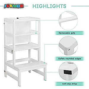JOYMOR Kids Kitchen Standing Tower with Safety Rail, Chalkboard, Children Learning Step Tower for Kitchen Counter, Mothers' Helper (White)