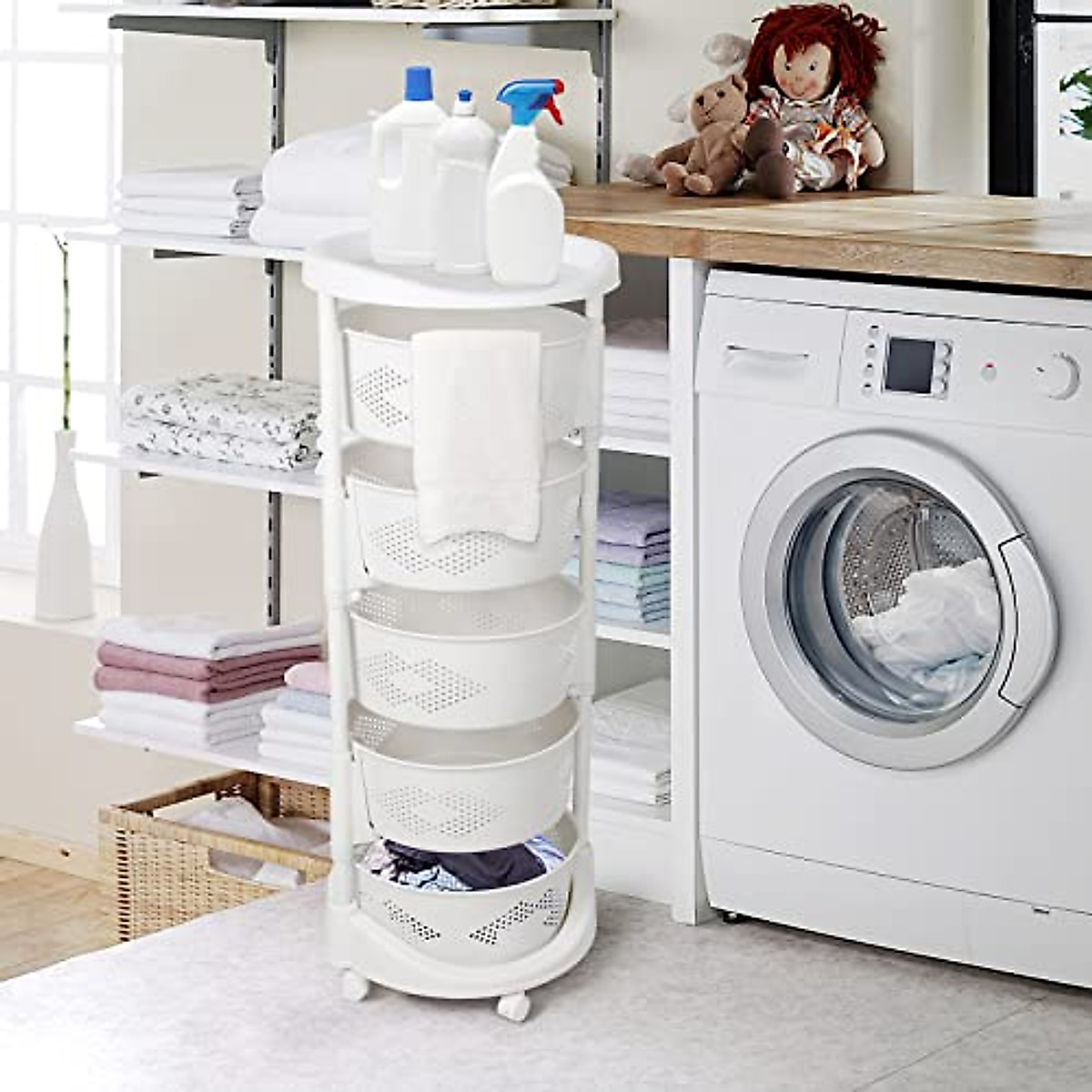 JELLYRATTBIT 5 Tier Fruit Vegetable Storage Basket, Multi-Layer Rotating Storage Shelf with Wheels, Floor-Standing Storage Rack for Kitchen Living Room Bedroom Bathroom, White
