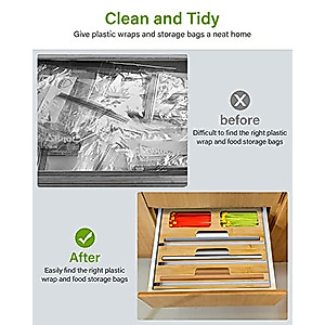 KOCWELL Bag Storage Organizer and Plastic Wrap Dispenser with Cutters, 2 Foil and Plastic Wrap Organizer, 4 Ziplock Bag Holder for Gallon, Quart, Sandwich Snack Variety Size Bags, Bamboo