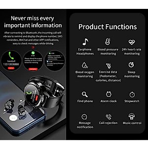 YOKKBRUN Smart Watch Built-in Bluetooth Earbuds Combo,2 in 1, Noise Cancelling, Heart Rate Monitor, Sleeping Monitor, Music Control, Various dials, Round Fitness Tracker Watch